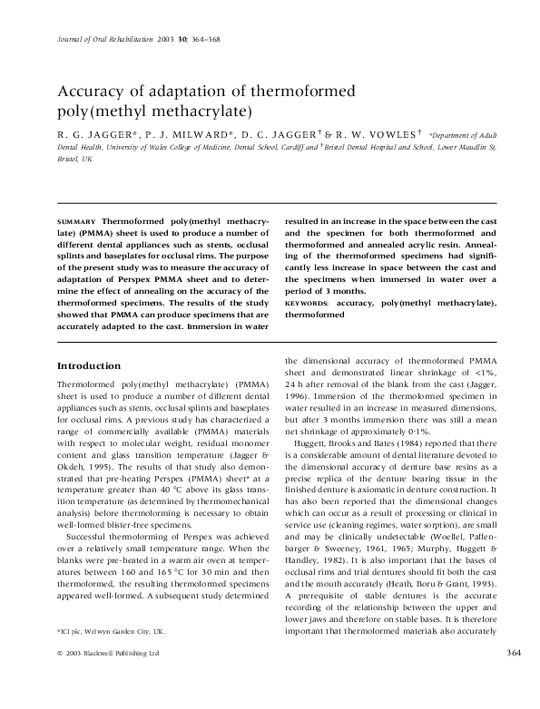 (PDF) Accuracy of adaptation of thermoformed poly(methyl methacrylate ...