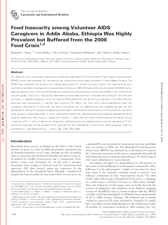 (PDF) Food Insecurity among Volunteer AIDS Caregivers in Addis Ababa ...