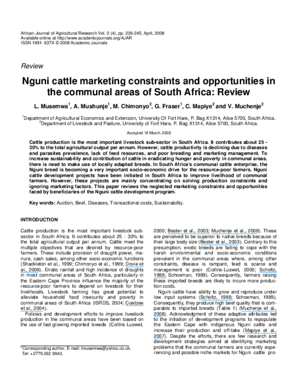 (PDF) Nguni cattle marketing constraints and opportunities in the communal areas of South Africa ...