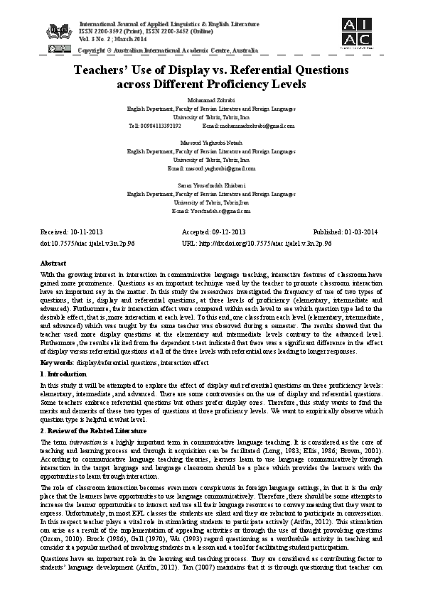 (PDF) Teachers’ Use of Display vs. Referential Questions
