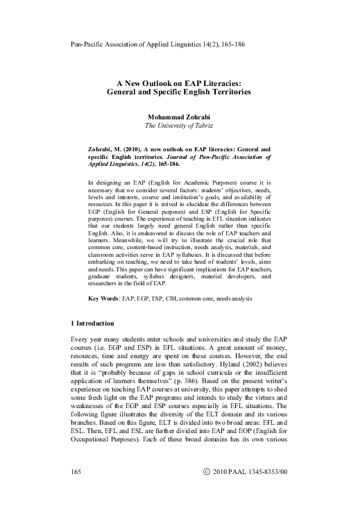 (PDF) A New Outlook on EAP Literacies: General and Specific English Territories