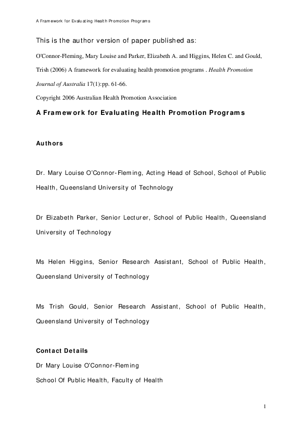 (PDF) A framework for evaluating health promotion programs
