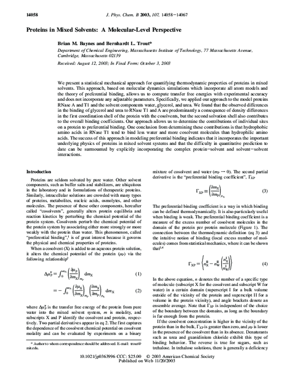 (PDF) Proteins in Mixed Solvents: A Molecular-Level Perspective