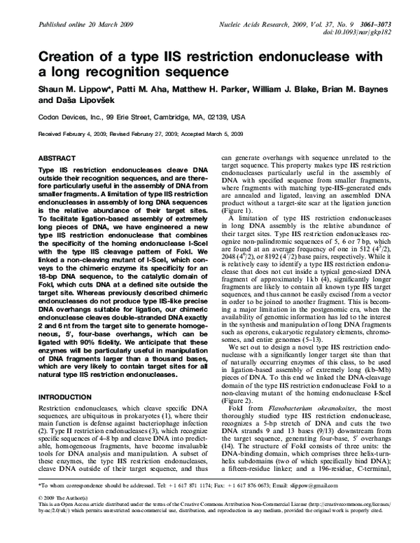 (PDF) Creation of a type IIS restriction endonuclease with a long ...