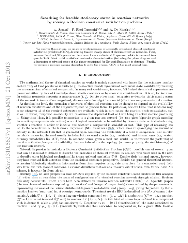 Pdf Searching For Feasible Stationary States In Reaction Networks By Solving A Boolean