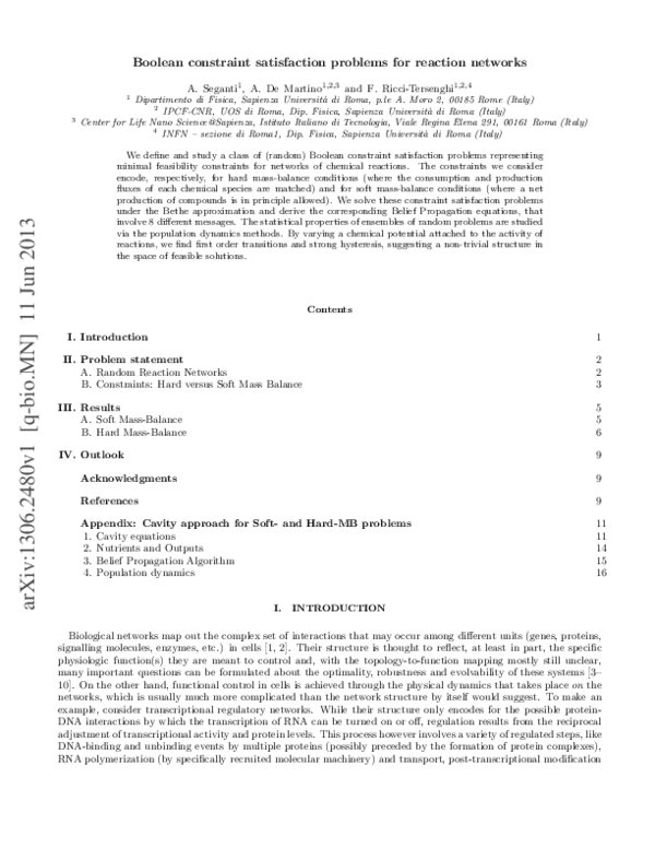 Pdf Boolean Constraint Satisfaction Problems For Reaction Networks
