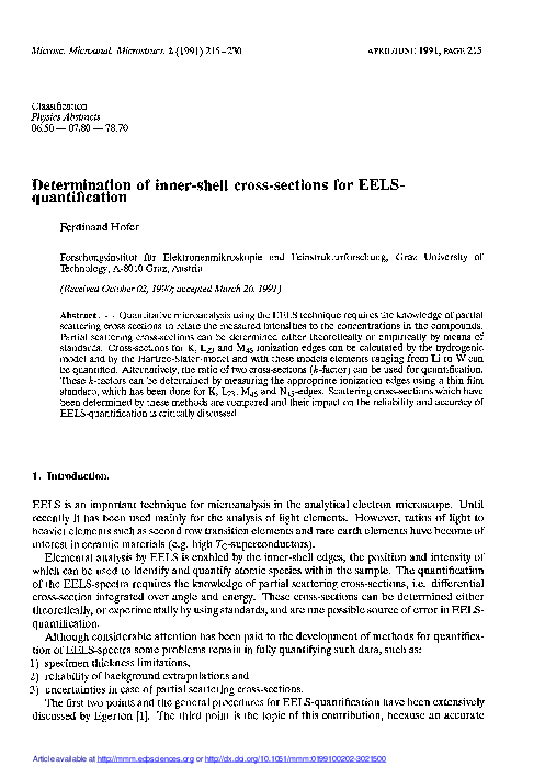 Pdf Determination Of Inner Shell Cross Sections For Eels Quantification