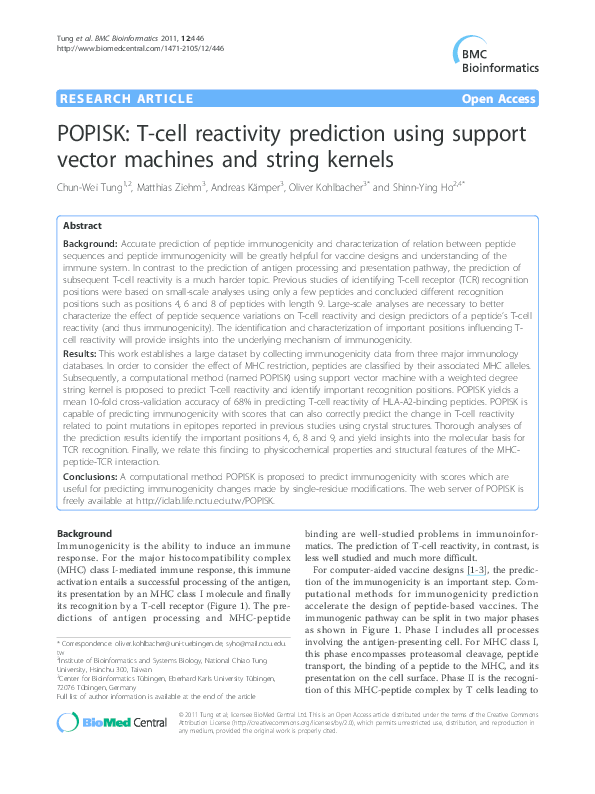 Pdf Popisk T Cell Reactivity Prediction Using Support Vector Machines And String Kernels 