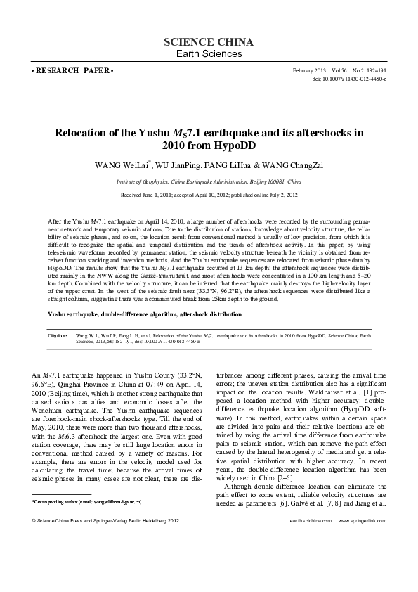 (PDF) Relocation of the Yushu M S7.1 earthquake and its aftershocks in ...