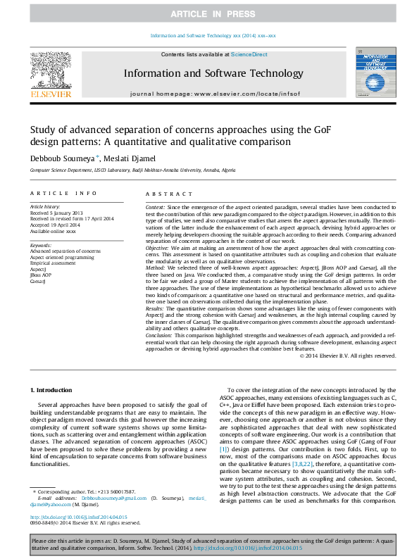 (PDF) Study of Advanced Separation of Concerns approaches using the GoF design patterns: A ...