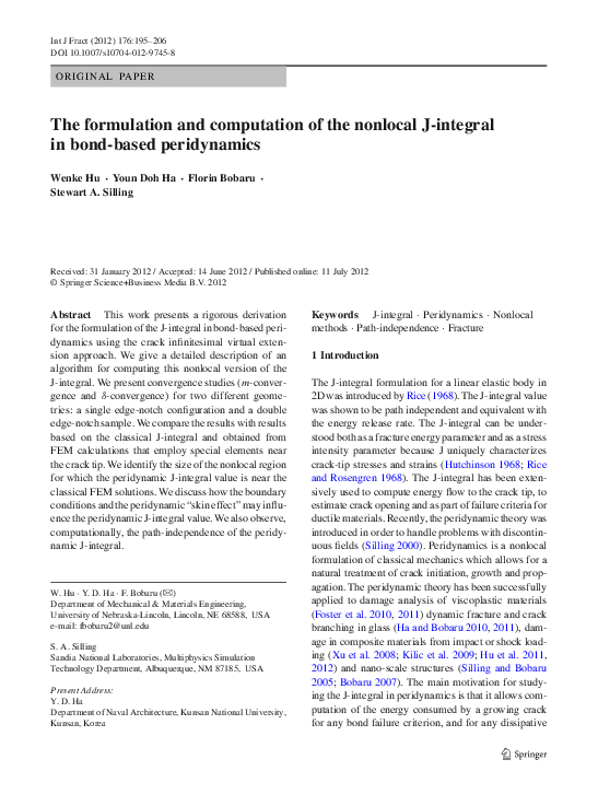 (PDF) The formulation and computation of the nonlocal J-integral in bond-based peridynamics