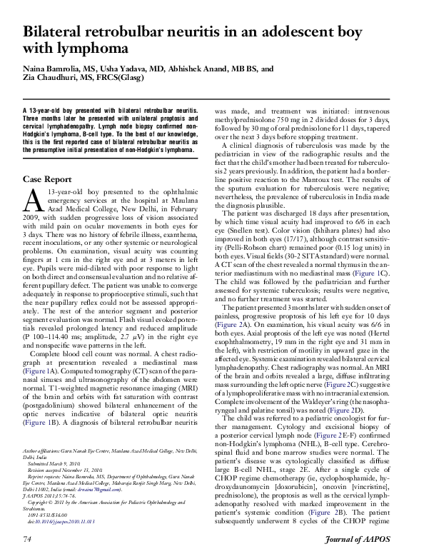 (PDF) Bilateral retrobulbar neuritis in an adolescent boy with lymphoma