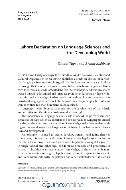 (PDF) Lahore Declaration on 'Language Sciences and the Developing World'