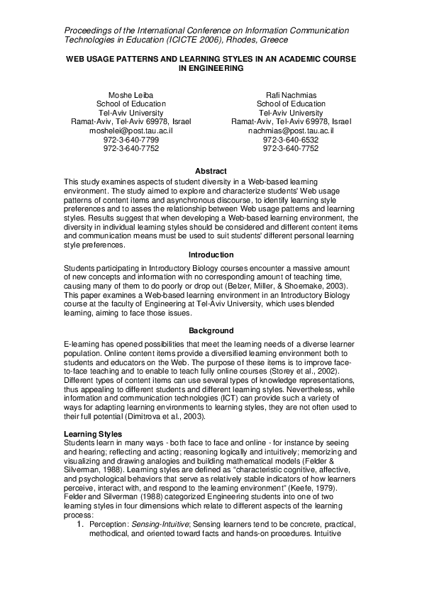 Pdf Web Usage Patterns And Learning Styles In An Academic Course In Engineering