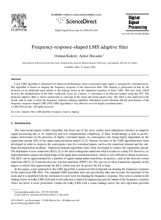 Pdf Frequency Response Shaped Lms Adaptive Filter Osman Kukrer