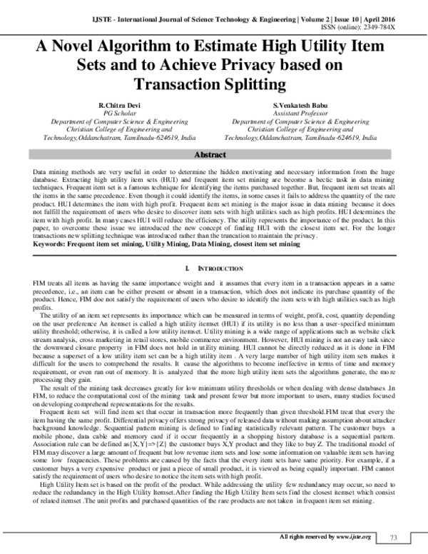 (PDF) A Novel Algorithm to Estimate High Utility Item Sets and to Achieve Privacy based on ...