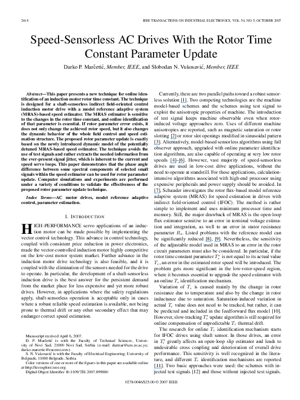 Pdf Speed Sensorless Ac Drives With The Rotor Time Constant Parameter Update