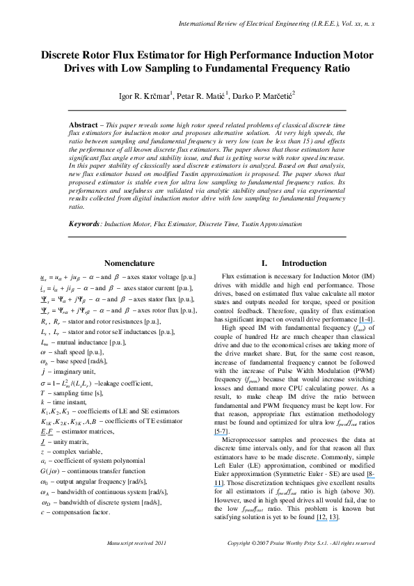Pdf Discrete Rotor Flux Estimator For High Performance Induction