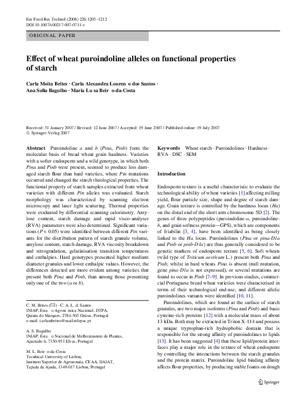 (PDF) Effect of wheat puroindoline alleles on functional properties of ...