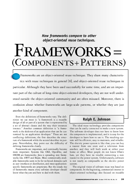 (PDF) Frameworks = (components + patterns)