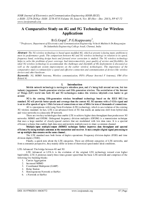 (PDF) A Comparative Study on 4G and 5G Technology for Wireless Applications