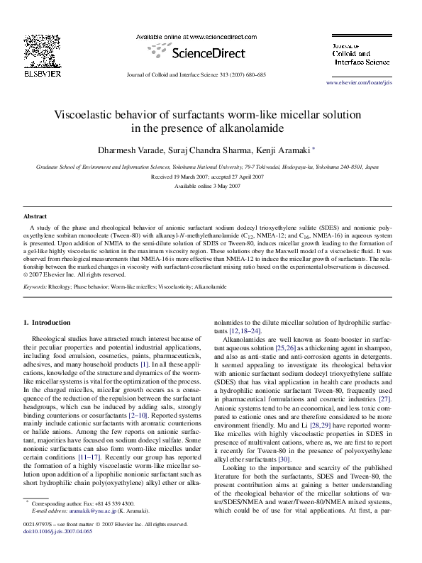 (PDF) Viscoelastic behavior of surfactants worm-like micellar solution ...