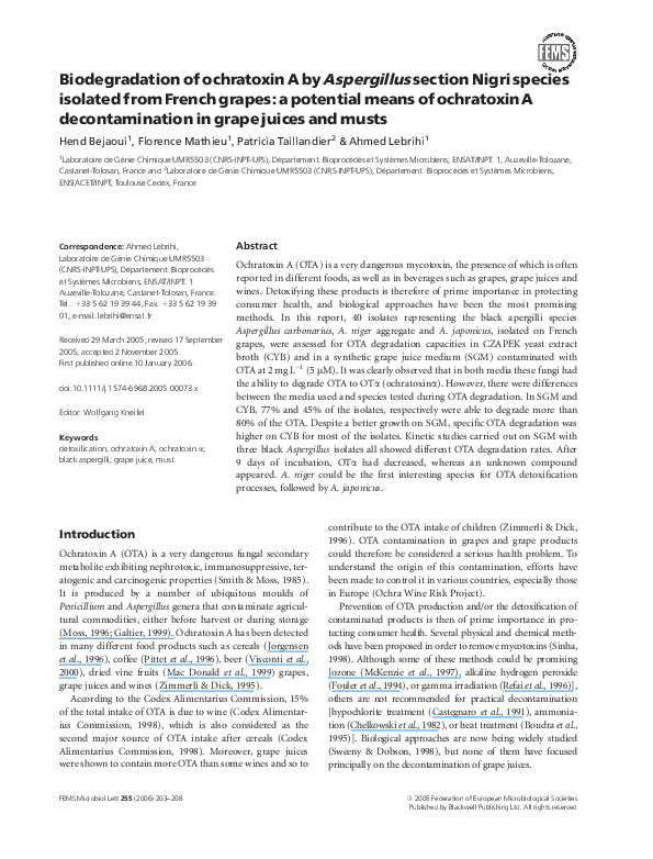 (PDF) Biodegradation of ochratoxin A by Aspergillus section Nigri species isolated from French ...