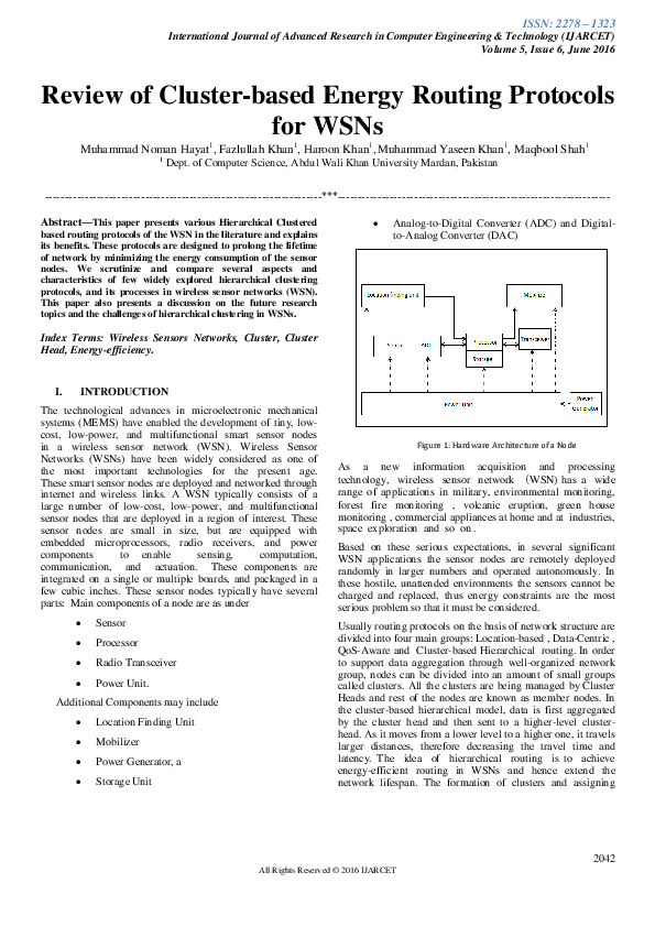 (PDF) Review of Cluster-based Energy Routing Protocols for WSNs