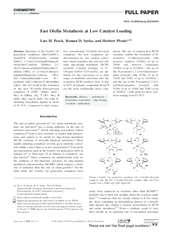 (PDF) Fast Olefin Metathesis at Low Catalyst Loading
