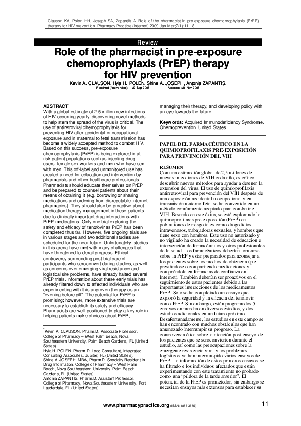 (PDF) Role of the pharmacist in pre-exposure chemoprophylaxis (PrEP ...