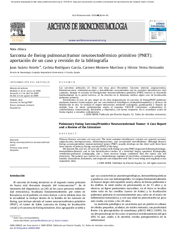 Pdf Pulmonary Ewing Sarcoma Primitive Neuroectodermal Tumor A Case Report And A Review Of The