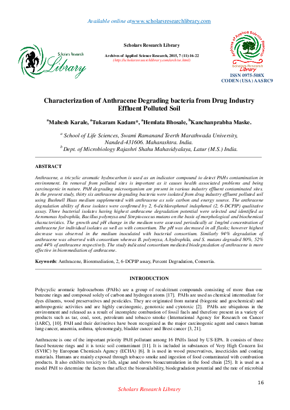 (PDF) Characterization of Anthracene Degrading bacteria from Drug Industry Effluent Polluted Soil