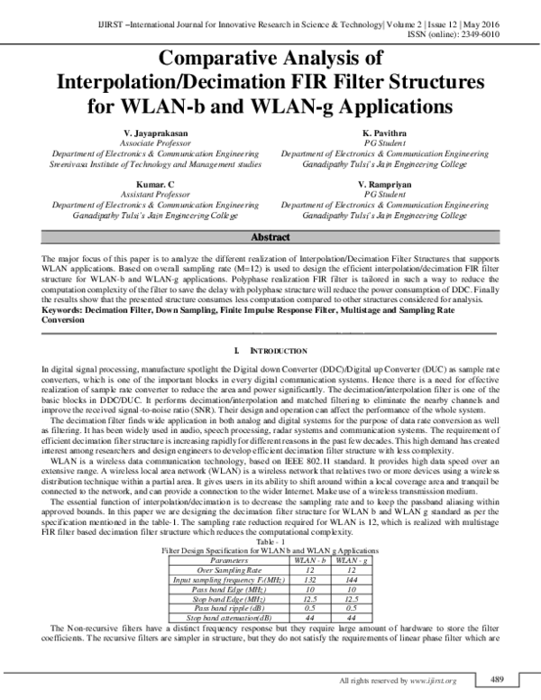 Pdf Comparative Analysis Of Interpolationdecimation Fir Filter Structures For Wlan B And Wlan