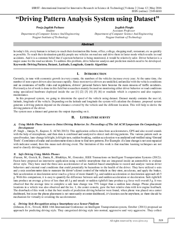 Pdf Driving Pattern Analysis System Using Dataset Ijirst