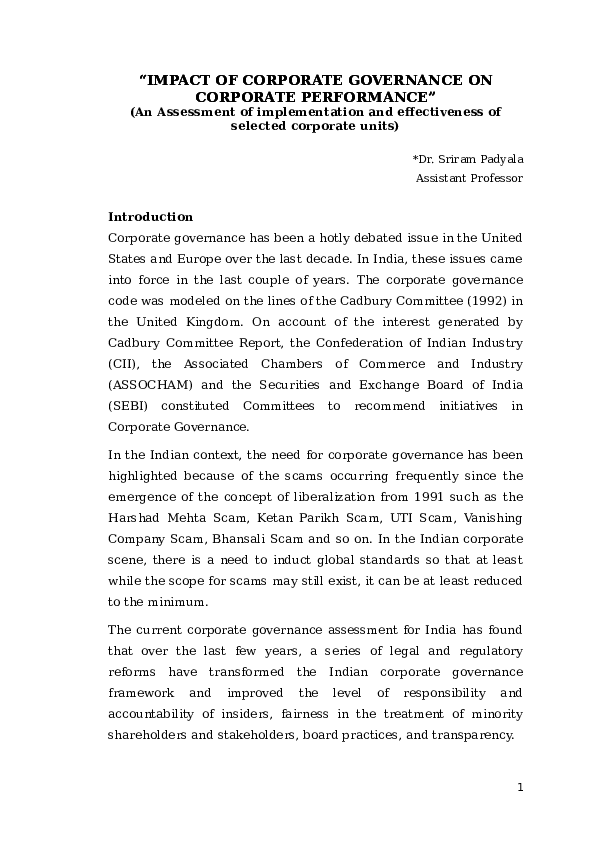 (DOC) " IMPACT OF CORPORATE GOVERNANCE ON CORPORATE PERFORMANCE " (An ...