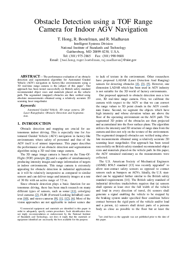 (PDF) Obstacle Detection using a TOF Range Camera for Indoor AGV Navigation