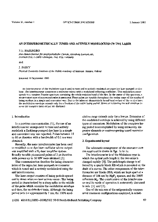 (PDF) An interferometrically tuned and actively modelocked cw dye laser