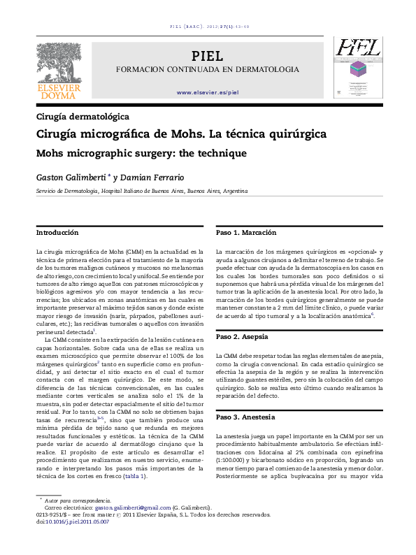 (PDF) Cirugía micrográfica de Mohs. La técnica quirúrgica