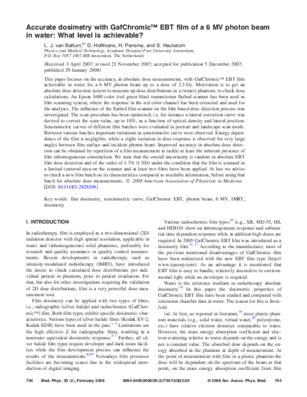 (PDF) Accurate dosimetry with GafChromic™ EBT film of a 6 MV photon ...