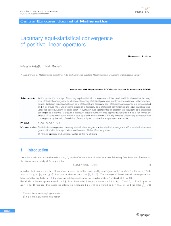 (PDF) Lacunary equi-statistical convergence of positive linear operators