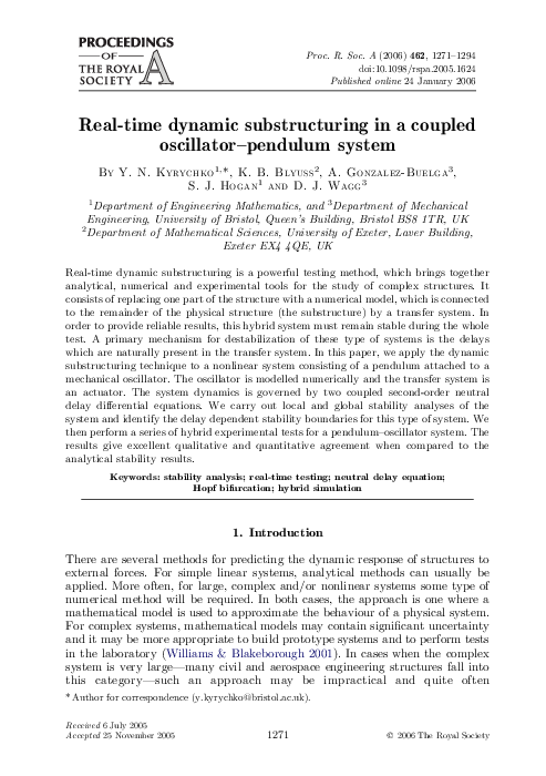 Pdf Real Time Dynamic Substructuring In A Coupled Oscillatorpendulum