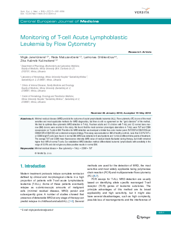 (PDF) Monitoring of T-cell Acute Lymphoblastic Leukemia by Flow Cytometry