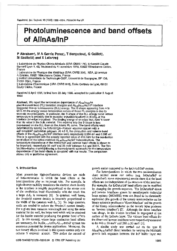 (PDF) Photoluminescence and band offsets of AlInAs/InP