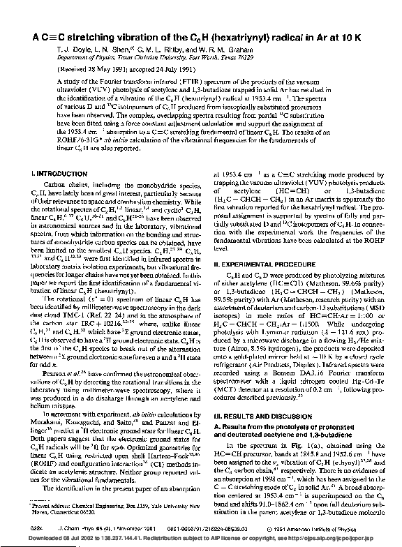 (PDF) A C≡C stretching vibration of the C6H (hexatriynyl) radical in Ar ...