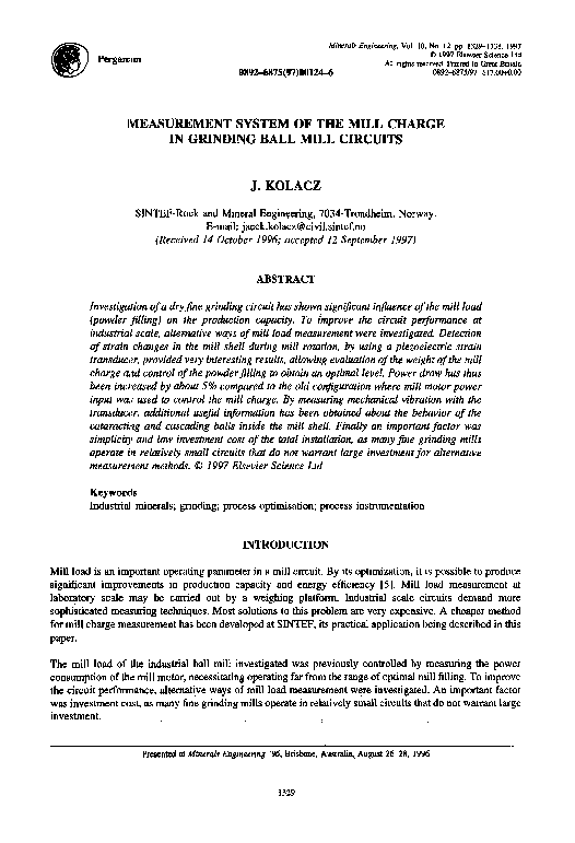 (PDF) Measurement system of the mill charge in grinding ball mill circuits