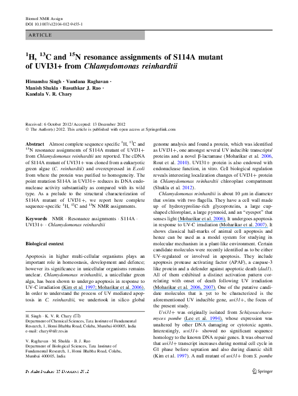 (PDF) 1H, 13C and 15N resonance assignments of S114A mutant of UVI31+ from Chlamydomonas reinhardtii