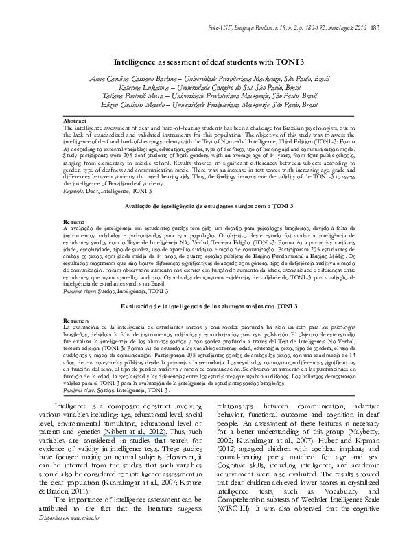 (PDF) Intelligence assessment of deaf students with TONI 3