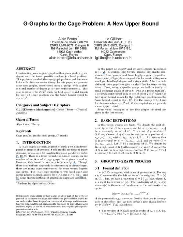 (PDF) G-graphs for the cage problem: a new upper bound