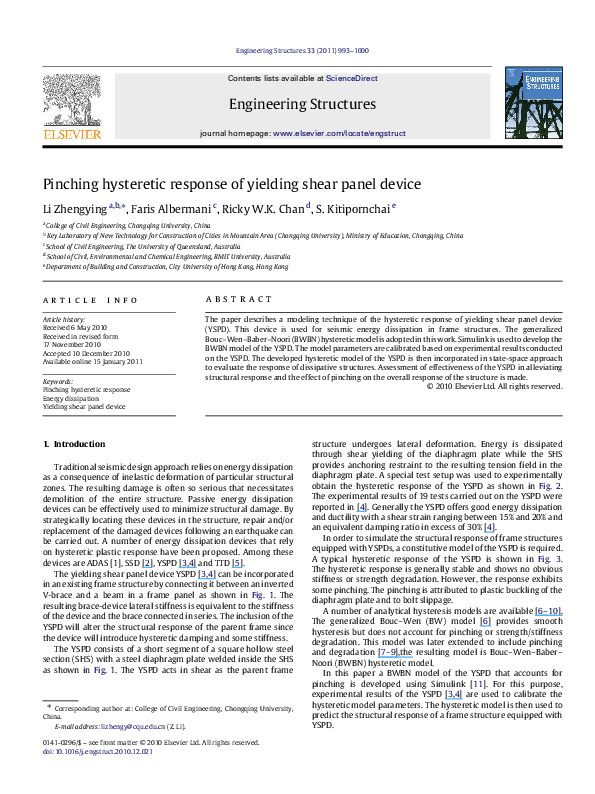 (PDF) Pinching hysteretic response of yielding shear panel device