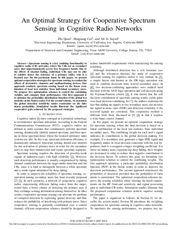 (PDF) An Optimal Strategy for Cooperative Spectrum Sensing in Cognitive Radio Networks | Ali ...